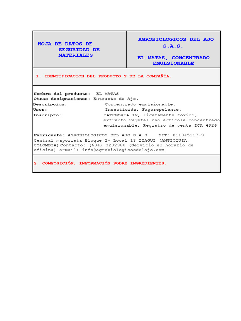 Hoja de Seguridad El Matas 2024 | PDF | Agua | Alergia