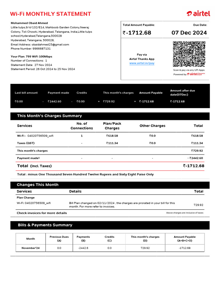 Wi-Fi Monthly Statement: This Month's Charges Summary | PDF | Credit ...