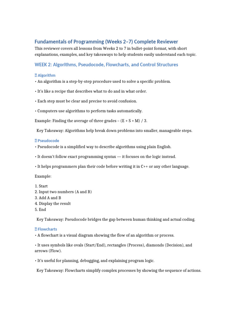 Fundamentals of Programming Weeks2-7 Reviewer | PDF | Programming | Computer Program