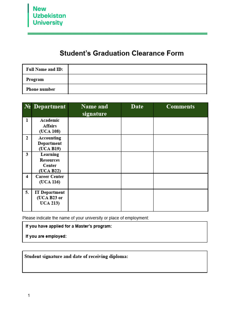 Graduation Clearance Form Template | PDF