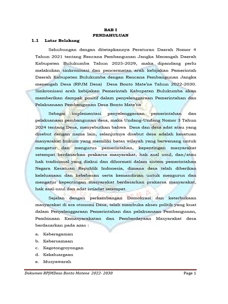 Dokumen RPJMDesa Bonto Matene 2022 - 2030 | PDF