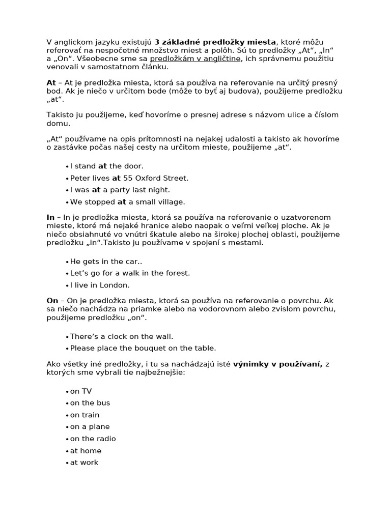 Predlozky In, On at | PDF