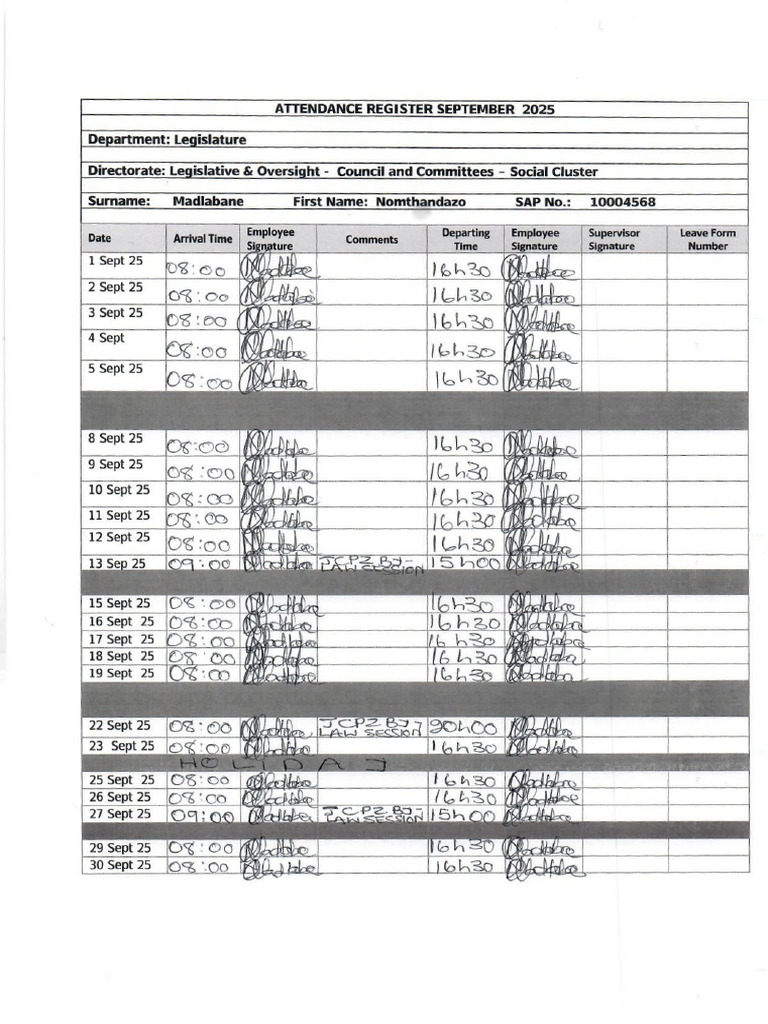 Attendance Register Sept 2025 | PDF