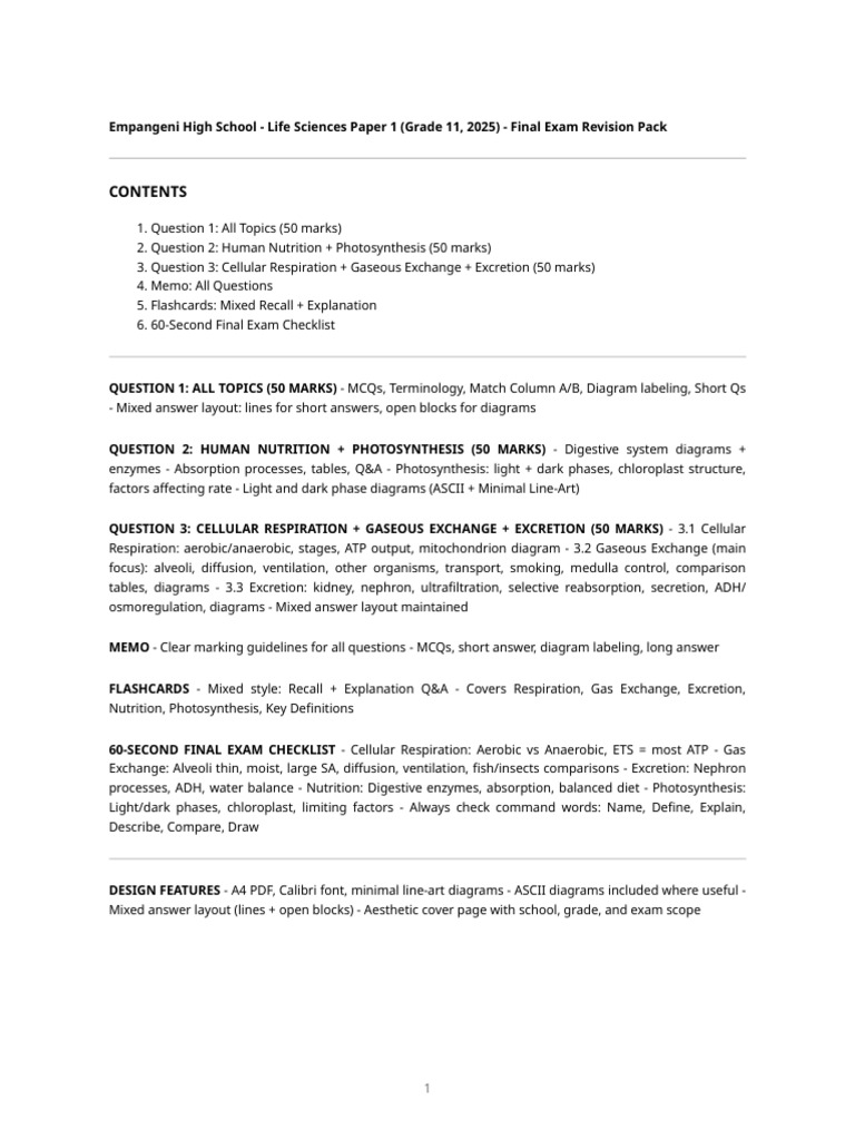 Grade 11 Life Sciences Exam Revision 2025 | PDF