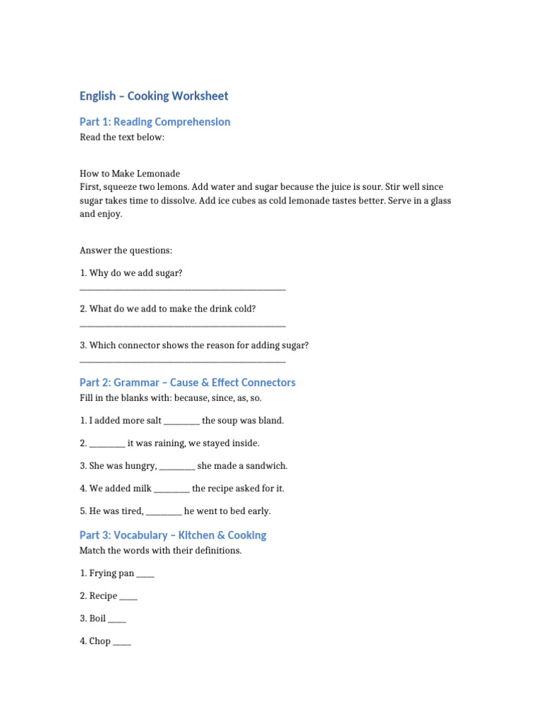 English Cooking Worksheet Blank 2 | PDF