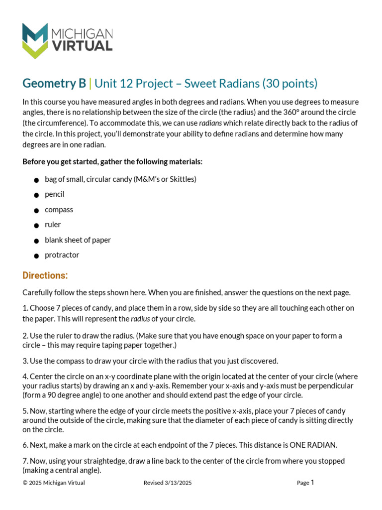 Unit 12 Project - Sweet Radians (UPDATED 2025) | PDF | Circle | Angle