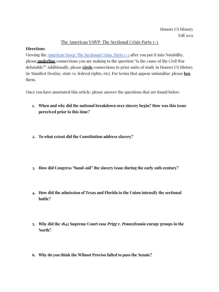 The American YAWP Sectional Crisis: Parts 1-3 | PDF