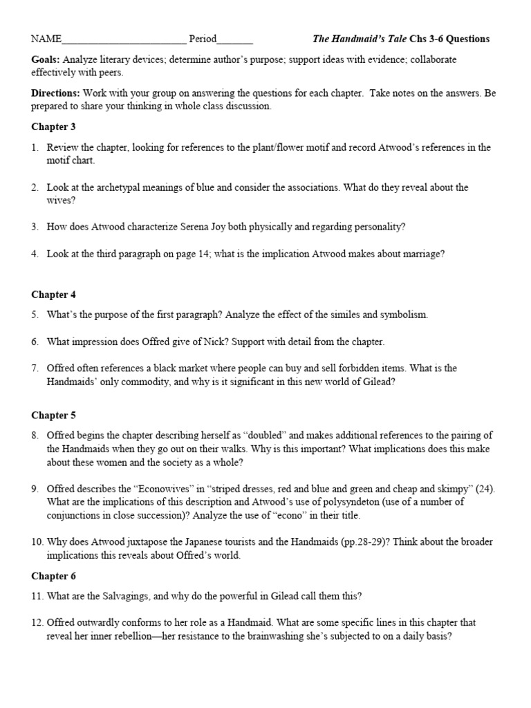 Handmaid's Tale Chapters 3-6 Analysis Questions | PDF