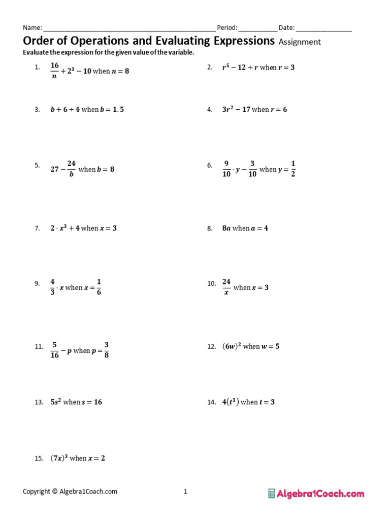 1 2 Assignment Order of Operations and Evaluating Expressions | PDF ...