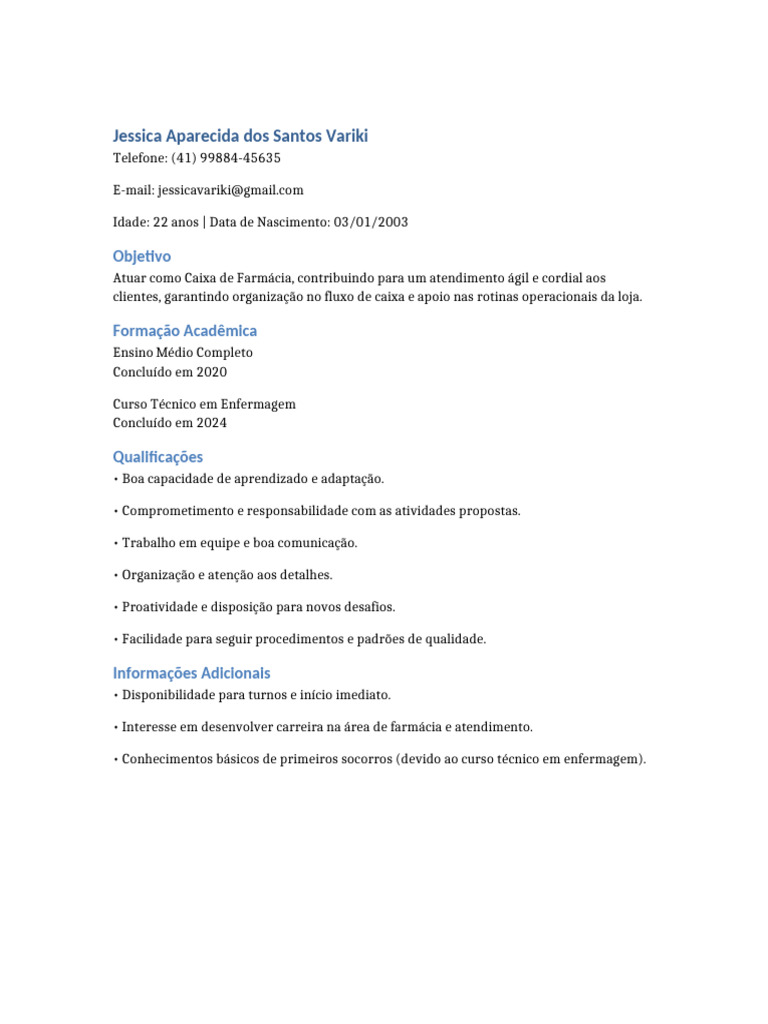 Curriculo Jessica Variki | PDF