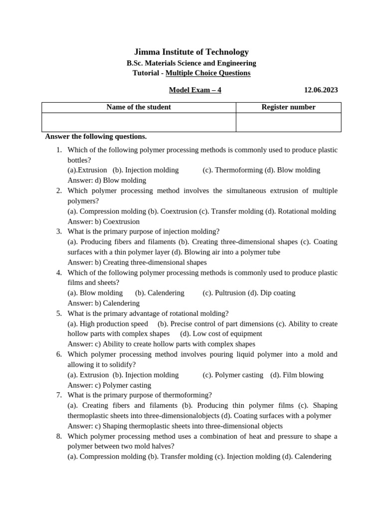 Materials Science MCQ Model Exam | PDF | Extrusion | Industrial Processes