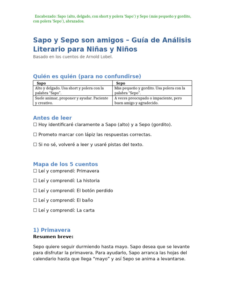 Análisis de Sapo y Sepo, amigos inseparables | PDF
