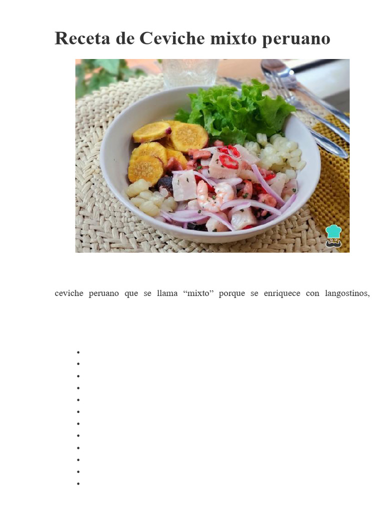 Ingredientes del Ceviche Mixto Peruano | PDF | Mariscos | Batata