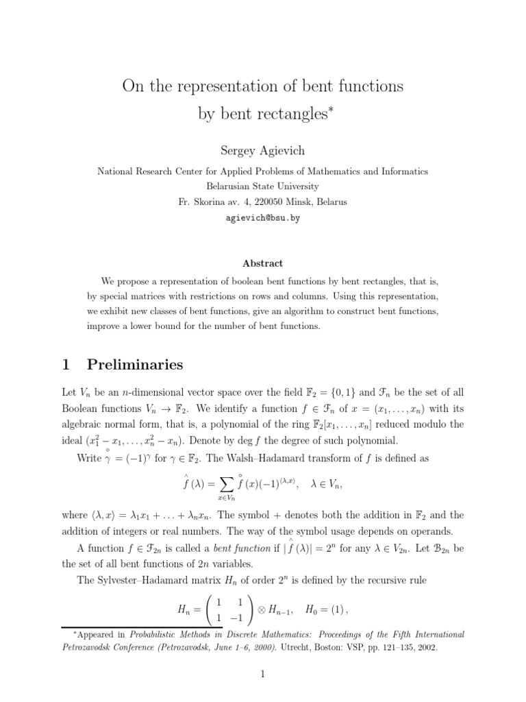 Representation of Bent Functions | PDF | Matrix (Mathematics) | Linear ...