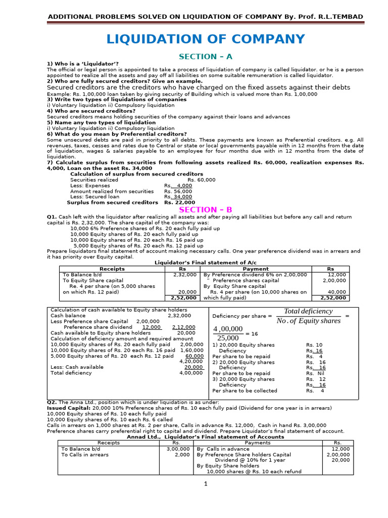 Liquidation Process and Final Accounts | PDF | Equity (Finance ...
