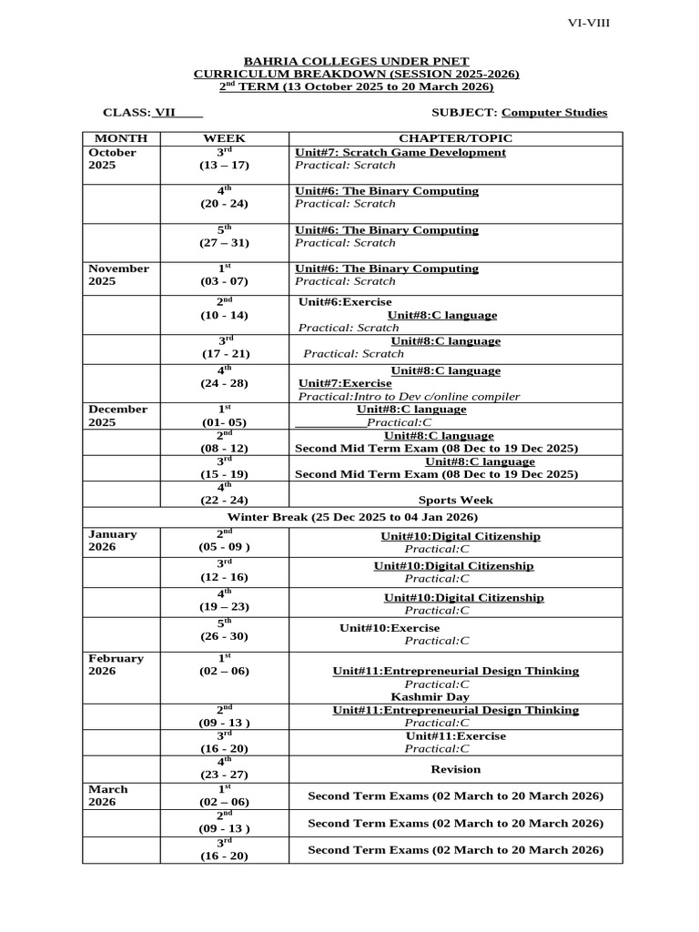 Bahria Colleges Curriculum 2025-2026 | PDF
