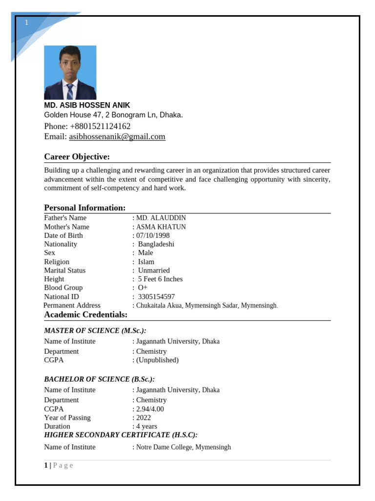 CV-Of-MD. ASIB HOSSEN ANIK (Assistan Teacher of Chemistry) | PDF