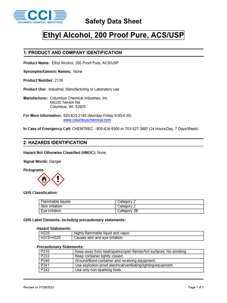 Ethylalcohol - Acs Usp 2139.Sds | PDF | Ethanol | Occupational Safety ...