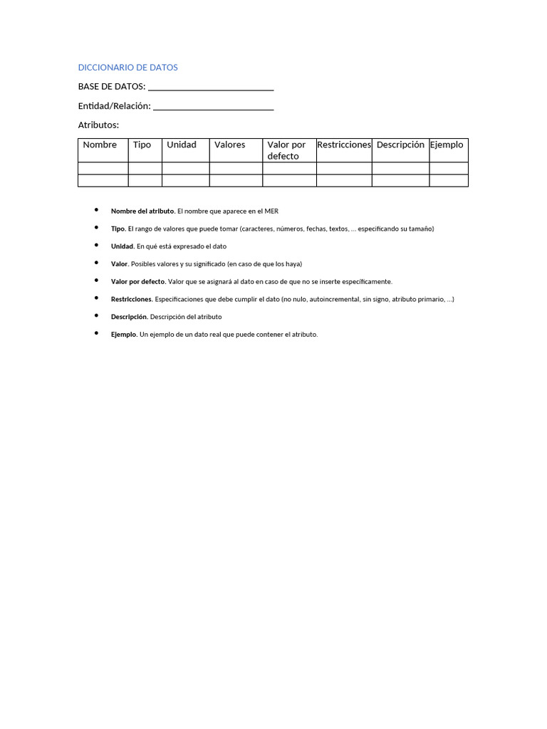 Plantilla Genérica Diccionario de Datos (2) | PDF