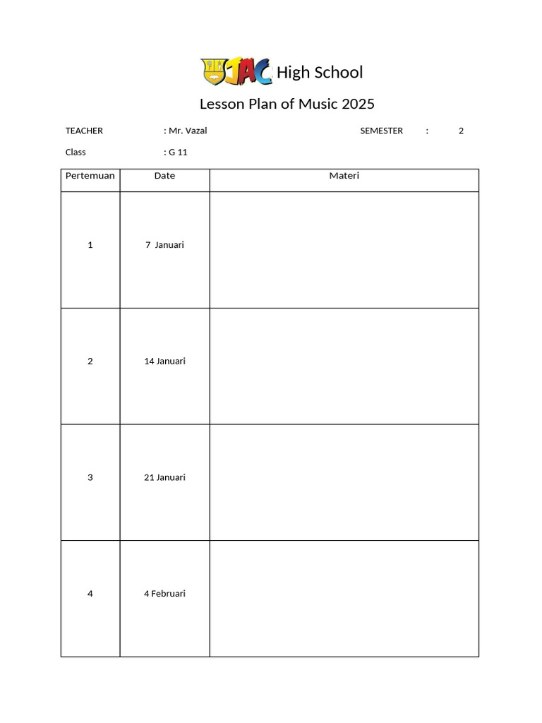 Lesson Plan Music G11 Semester 2 | PDF