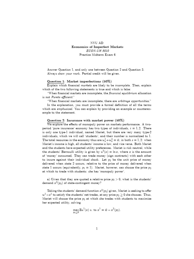 Economics of Imperfect Markets Exam | PDF | Market (Economics) | Utility