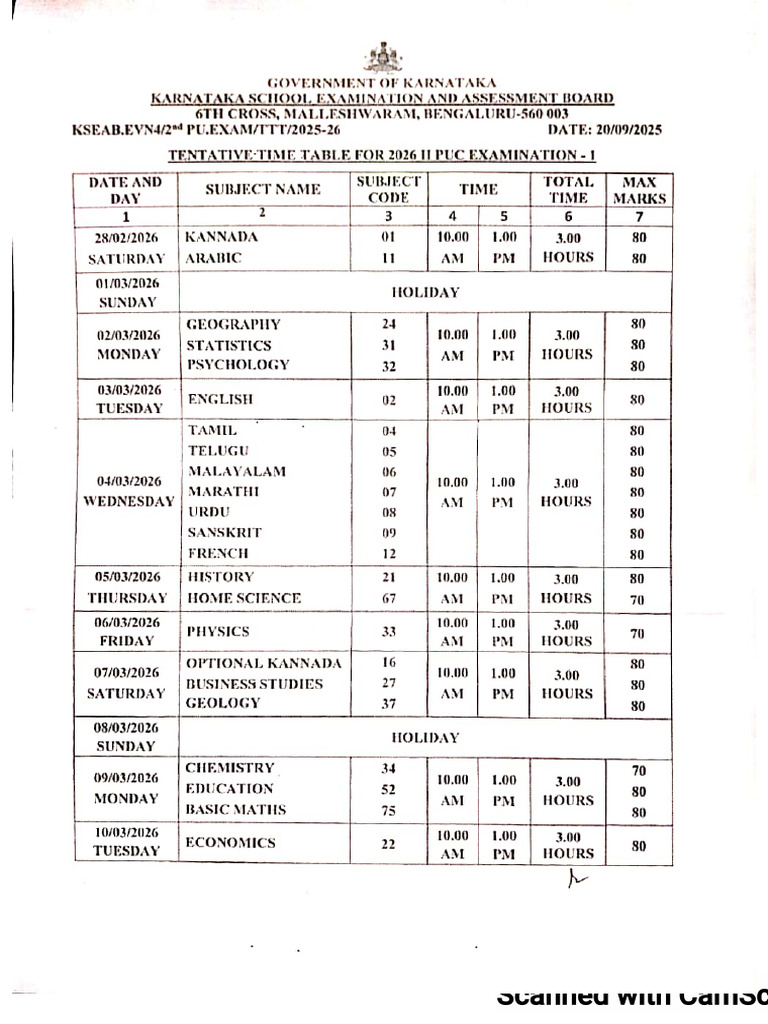 II Puc Final Examination-1 Tentative Time Table-2026 | PDF