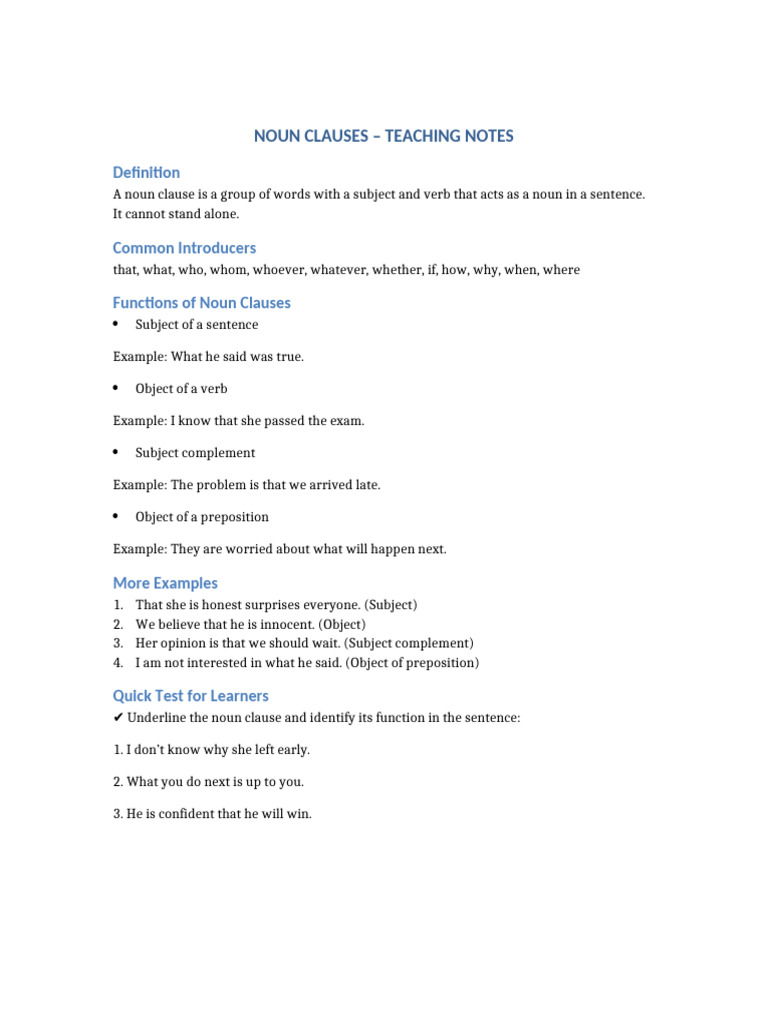 Understanding Noun Clauses: Teaching Guide | PDF