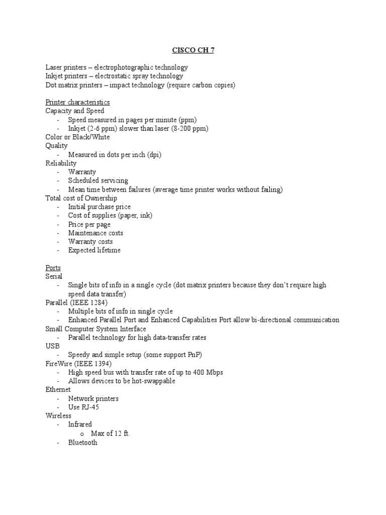 Cisco CH 7 Notes | PDF | Printer (Computing) | Image Scanner