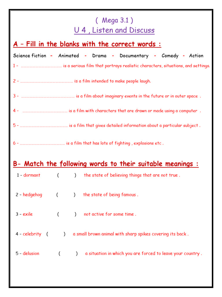 U 4, Listen and Discuss: A - Fill in The Blanks With The Correct Words ...