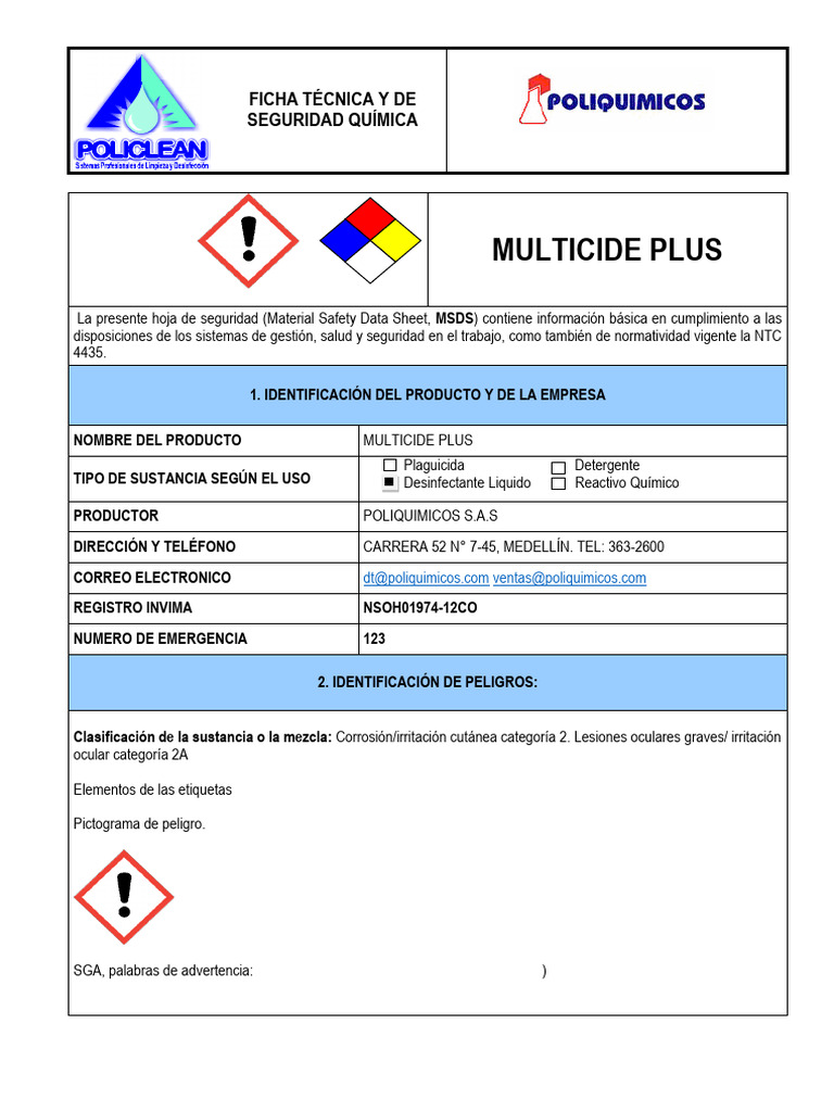 Ficha Técnica de Multicide Plus | PDF | Agua | Quemar