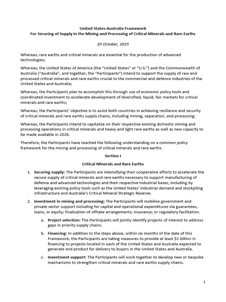 US-Australia Critical Minerals Framework | PDF | Mining | Supply Chain