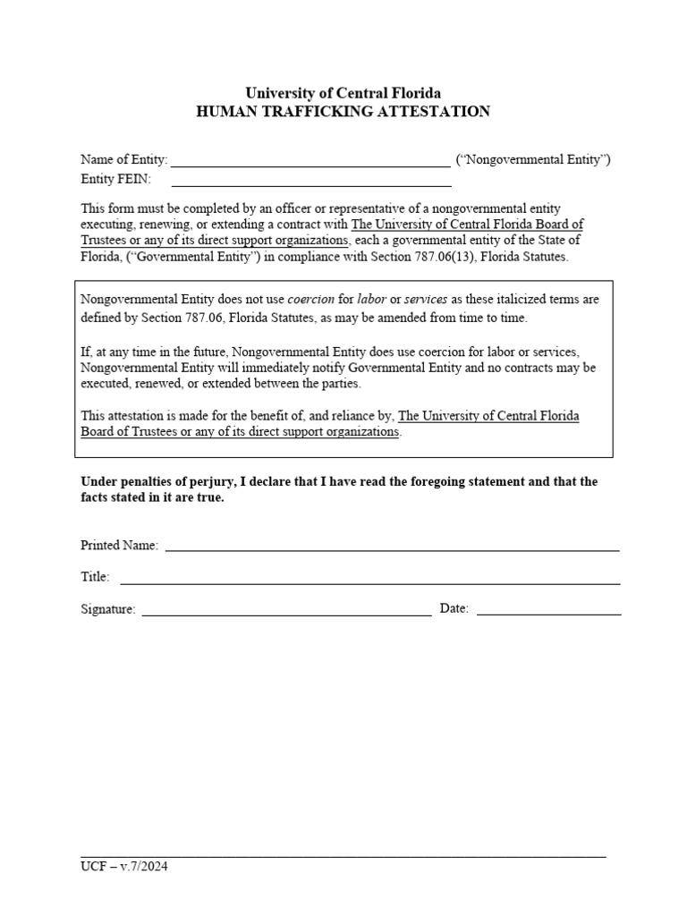 UCF Human Trafficking Attestation Form | PDF
