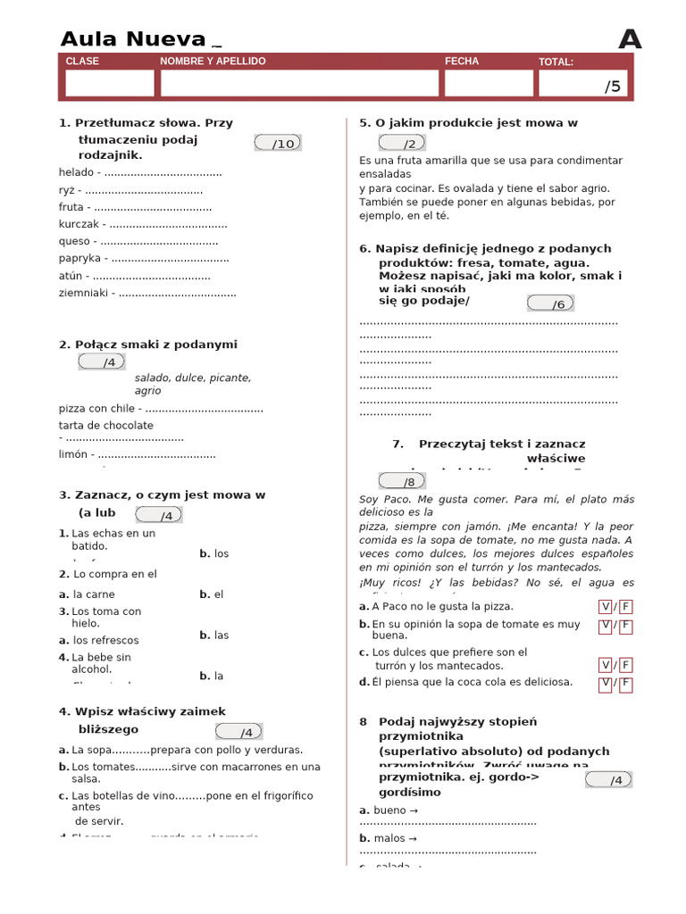 Test de vocabulario y gramática en español | PDF | Sopa | Cocinando