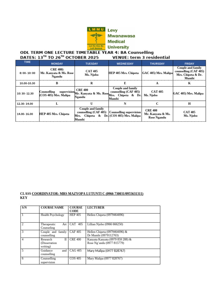 BA Counselling Term 1 Timetable 2025 | PDF