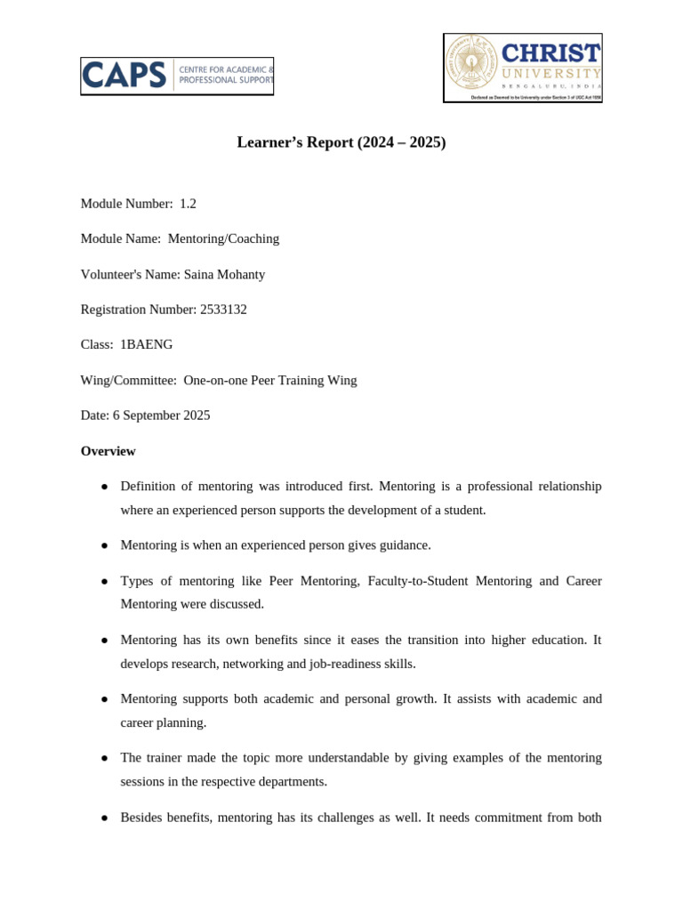 Learner's Report - 6 September 2025 - Module1.2 Mentoring | PDF