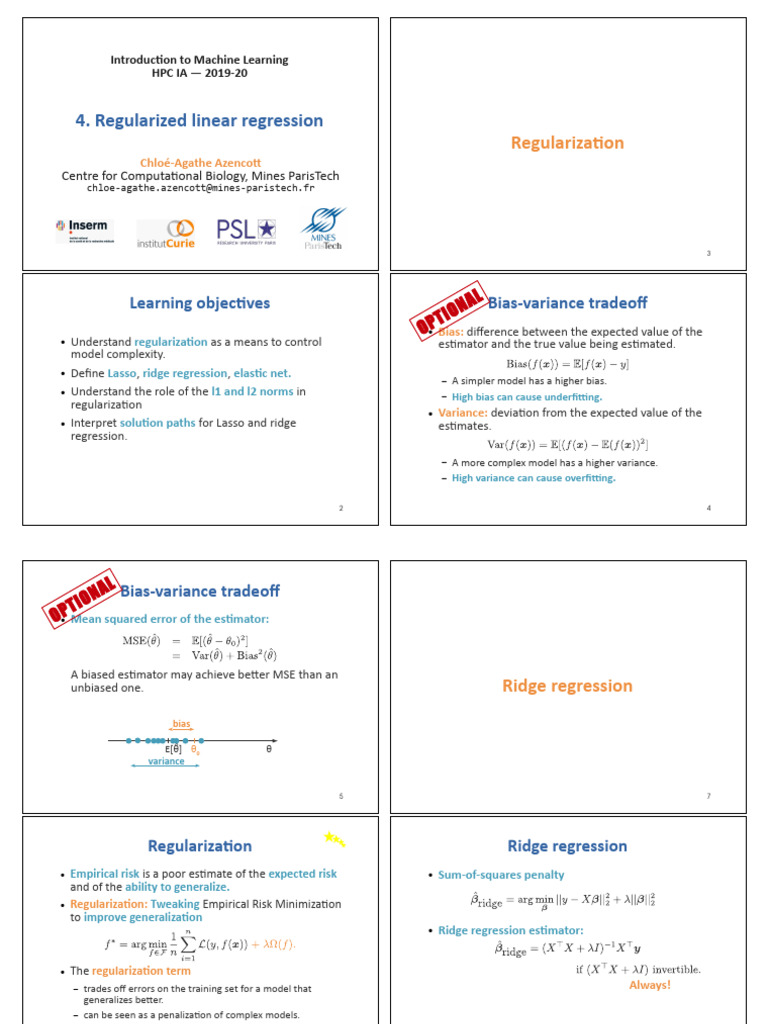Azencott - Intro to ML - Chap4 - Regularized Linear Regression 2x2 | PDF | Regression Analysis ...