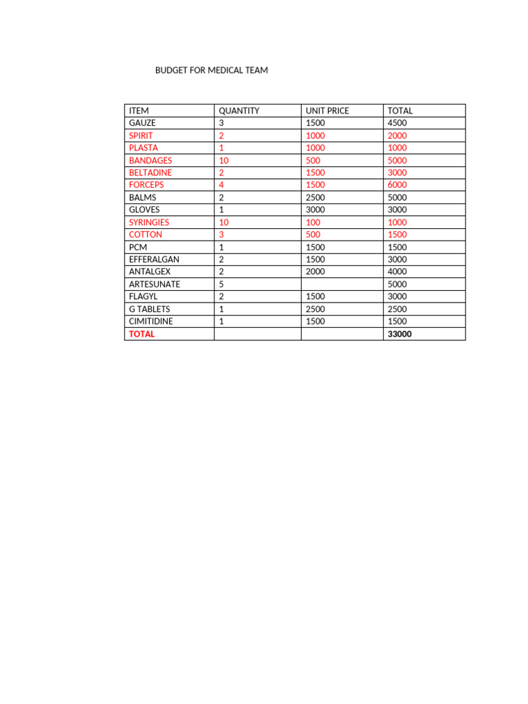 Budget For Medical Team-1 | PDF