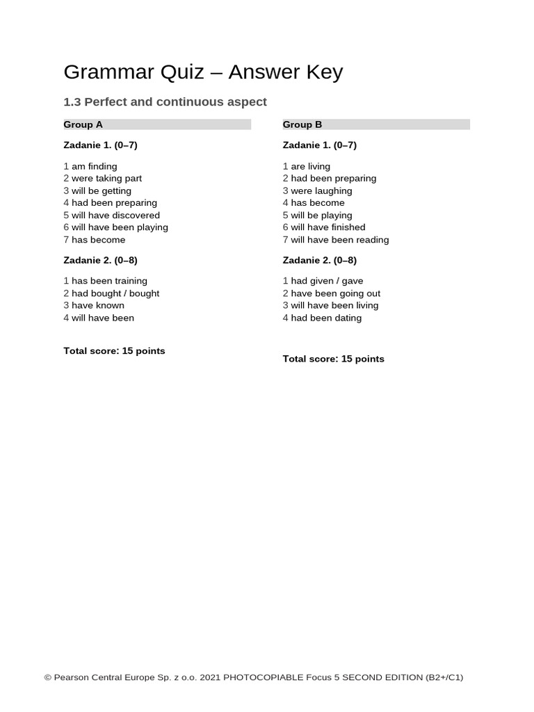 Focus5 2E Grammar Quiz Unit1.3 GroupA&B ANSWERS | PDF