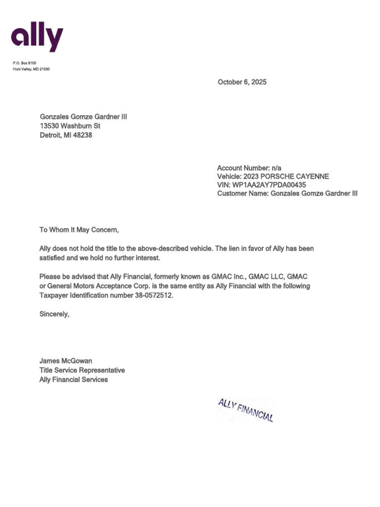 Ally Financial Lien Release Letter | PDF