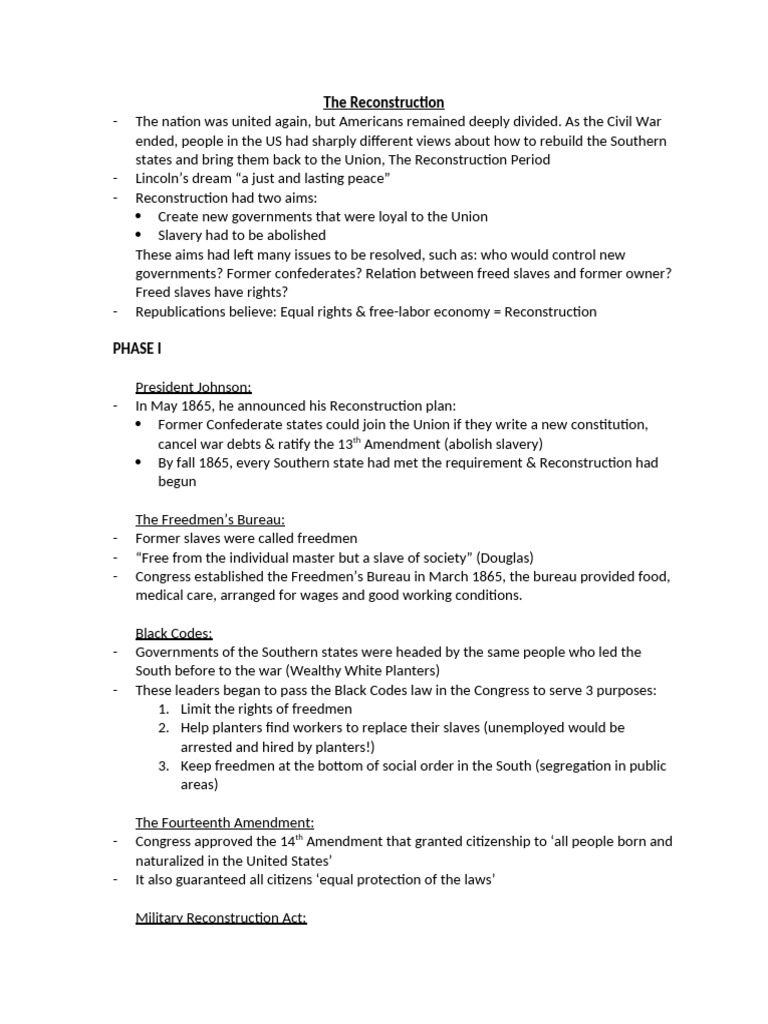 The Reconstruction - NOTES | PDF | Reconstruction Era | Freedman