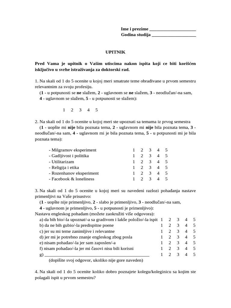 Upitnik Prva Godina Najnovije | PDF