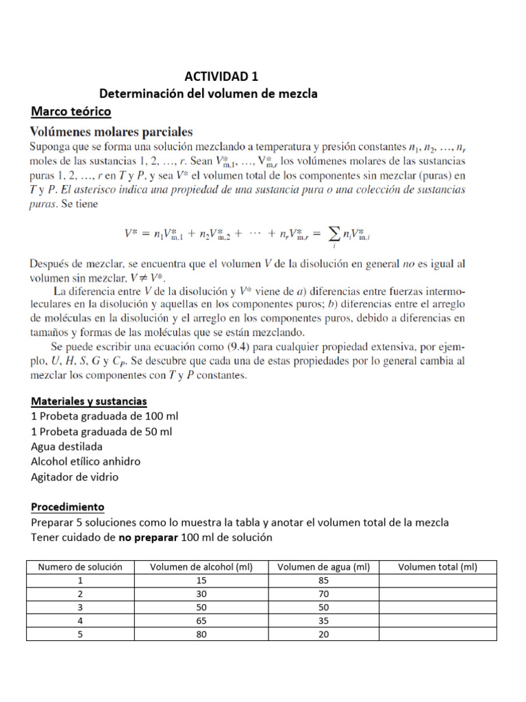 Practica 1 Determinación Del Volumen de Mezcla | PDF