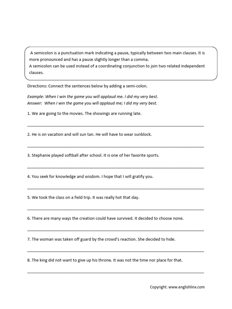 Combining Sententences Semicolon Worksheet | PDF | Orthography | Chess ...