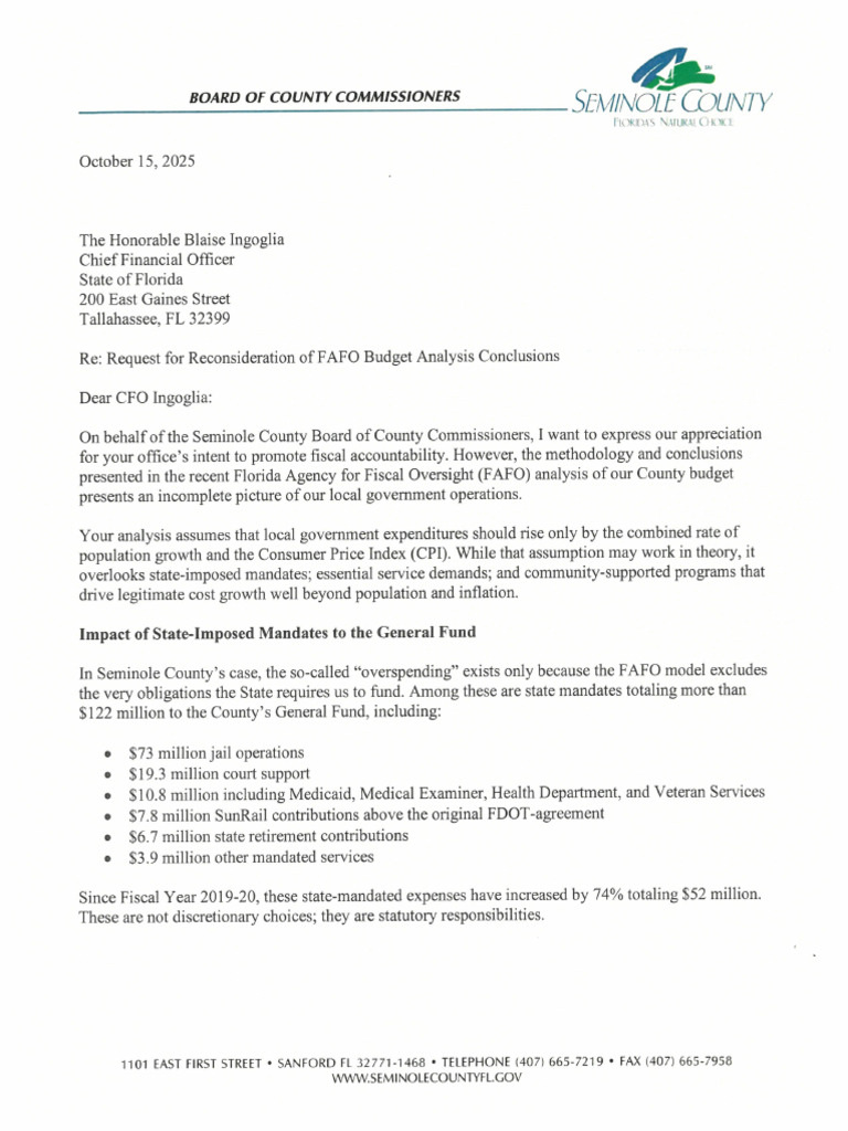 Seminole County Letter To Blaise Ingoglia 10-15-25 | PDF | The United ...