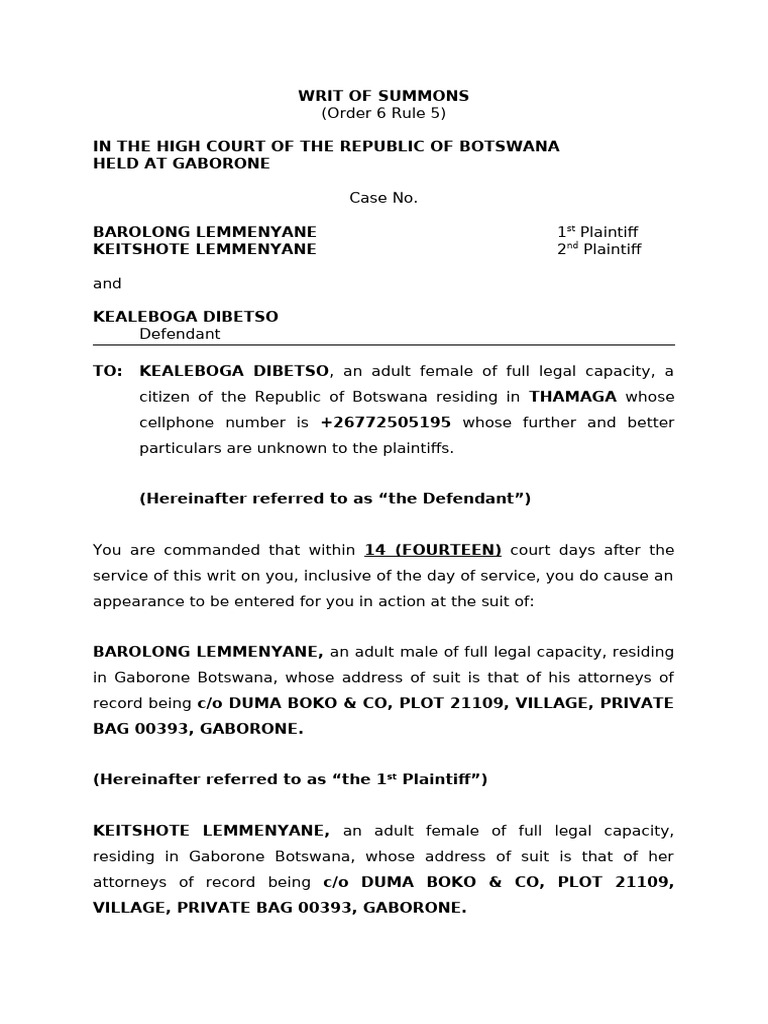 Botswana Defamation Writ of Summons | PDF | Defamation | Lawsuit