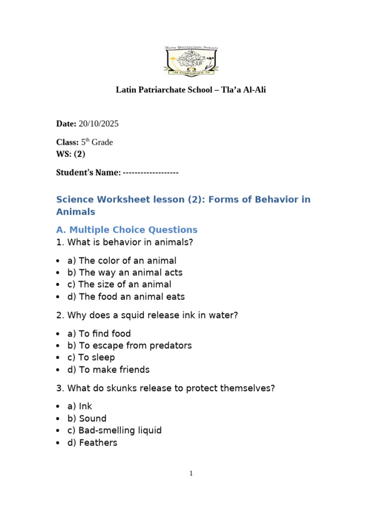 Behavior in Animals 2 Parts Worksheet Grade5 | PDF