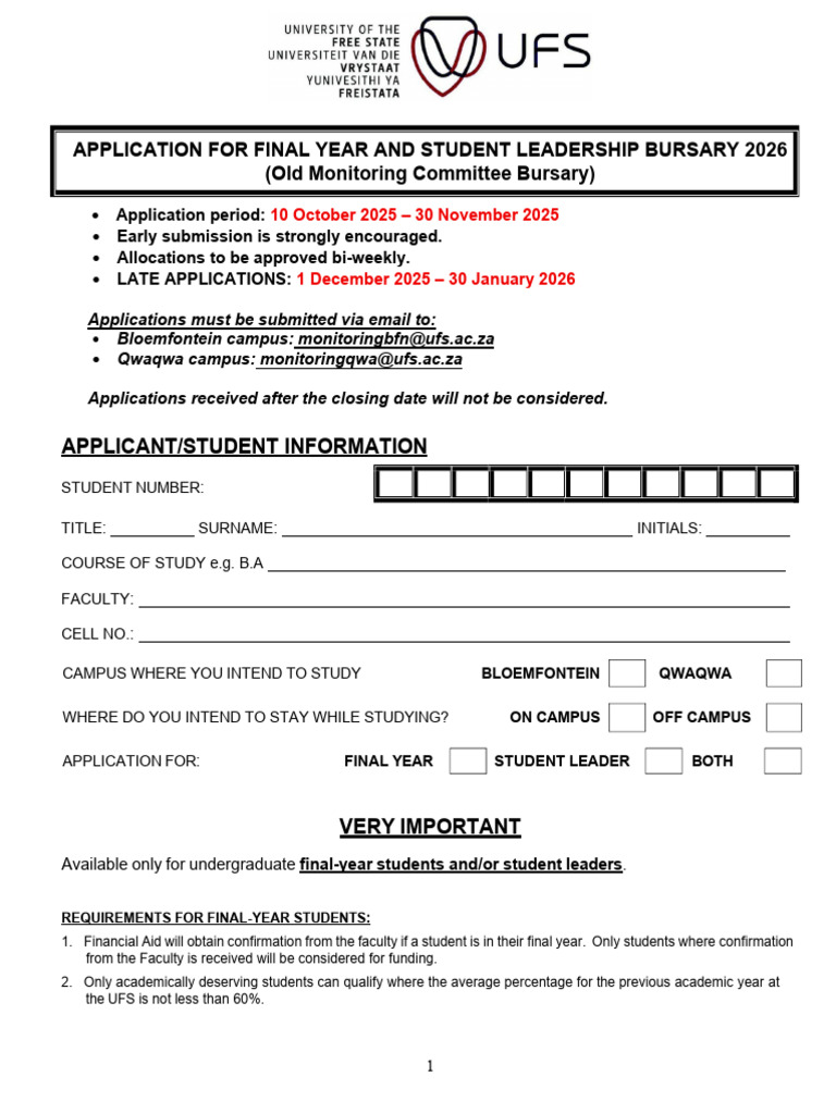 UFS Bursary Application 2026 Guide | PDF | Student Financial Aid In The ...