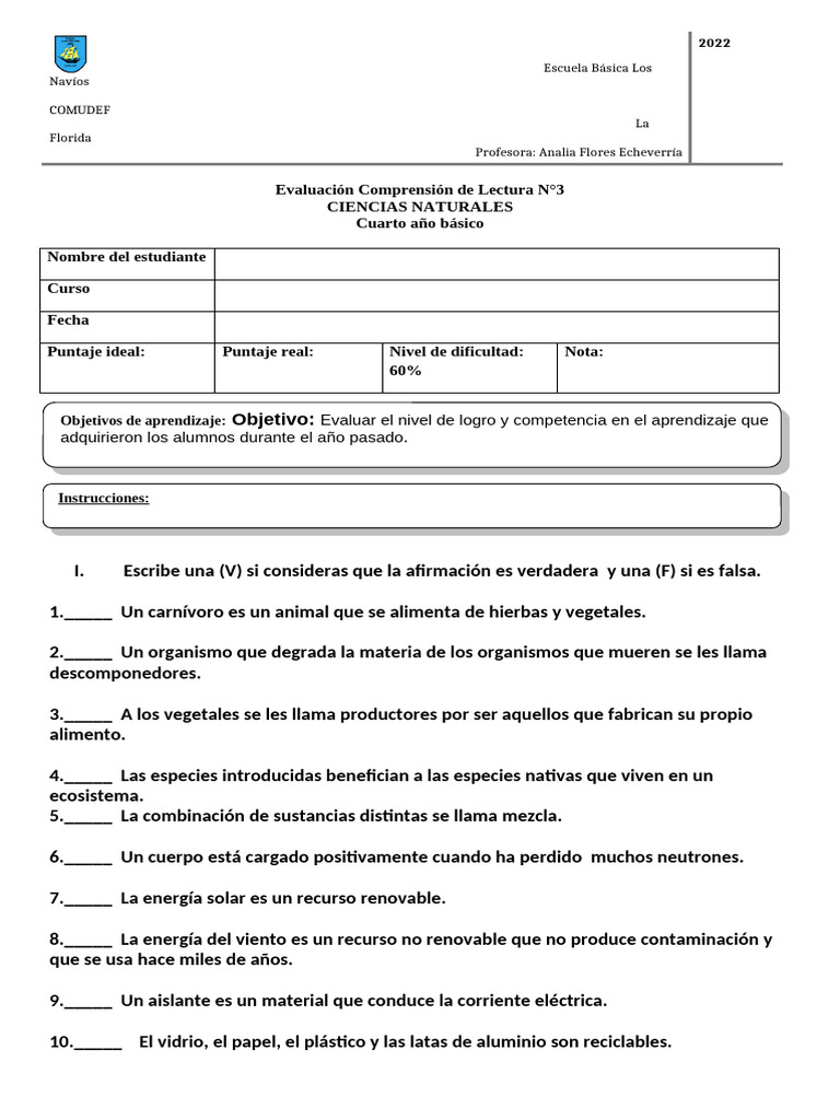 Evaluación Comprensión de Lectura N | PDF