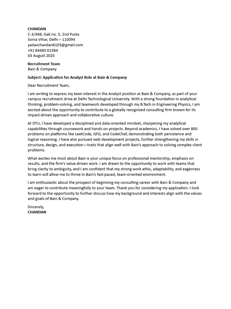 Analyst Application for Bain & Company | PDF