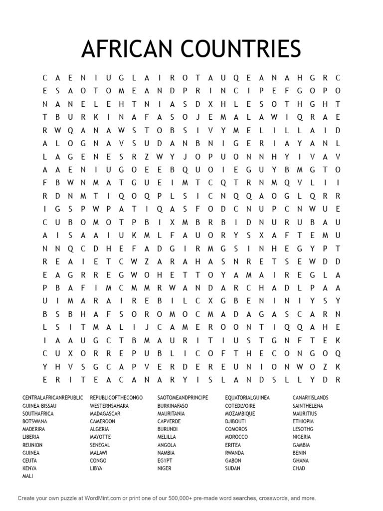 African Countries Word Search Puzzle | PDF | Games Of Mental Skill ...
